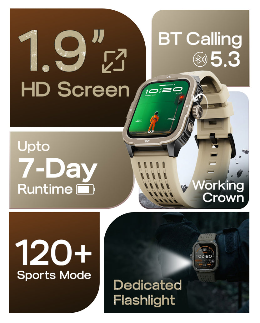 GoBoult Tuff Rivet Rock Beige Smartwatch | BT Calling & Health Suite