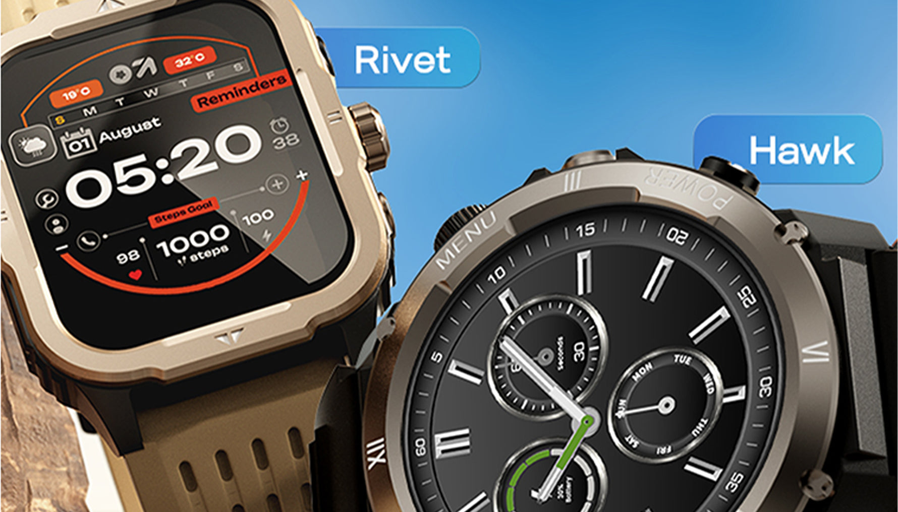 GoBoult Tuff Rivet - 1.90” TFT Smart Watch with Health Suite