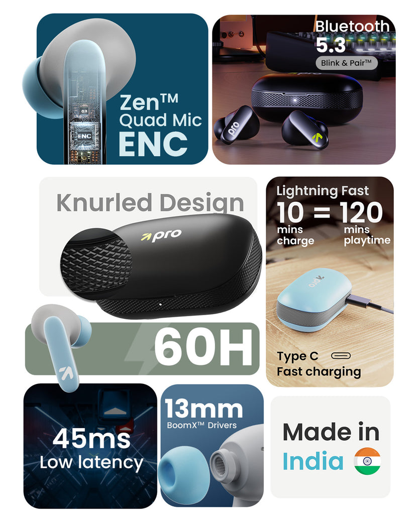 Buy GoBoult Y1 Pro Earbuds | 60H Playtime, 45ms Latency & ENC Mic